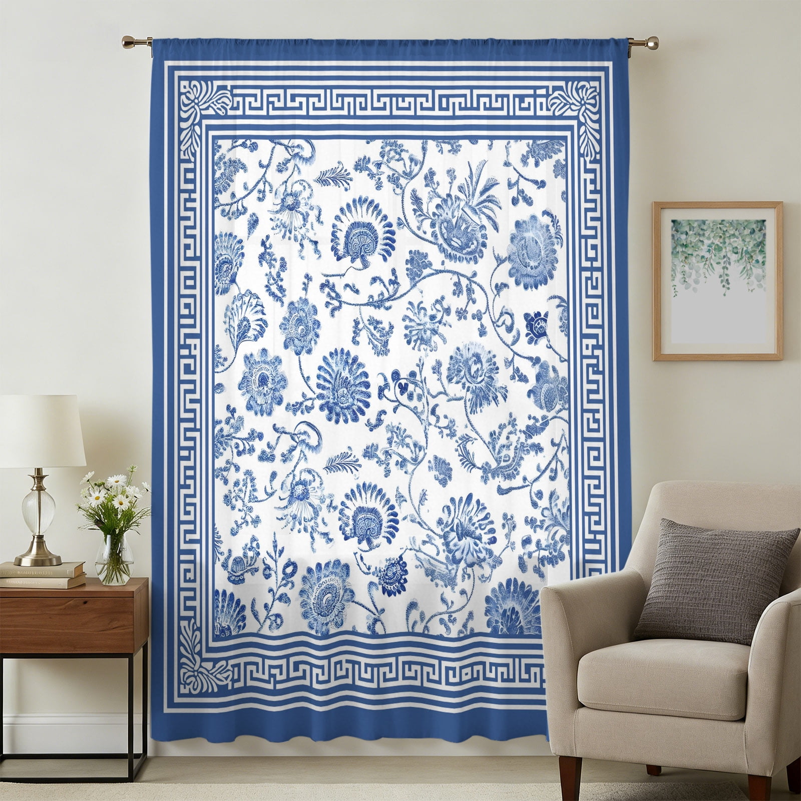 Blue Floral Sheer Curtains 84 Inches Long for Living Room, Vintage ...