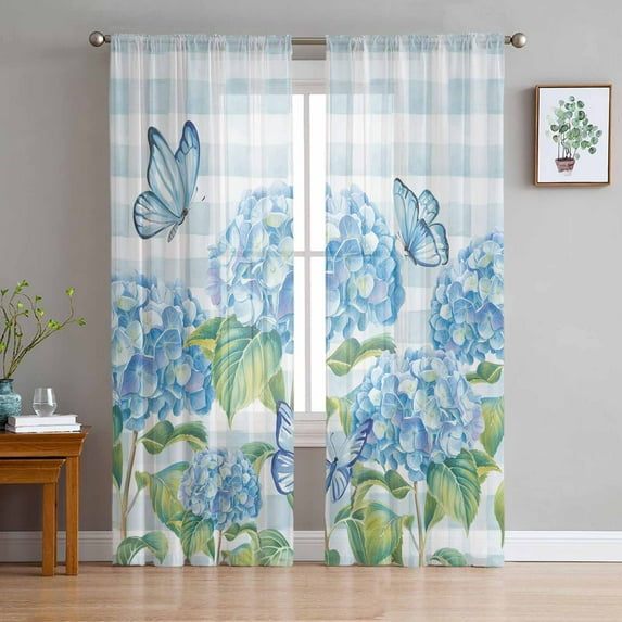 Blue Floral Sheer Curtains 96 Inches Long 2 Panels Set, Window Sheer ...