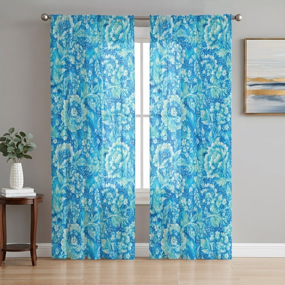 Blue Floral Sheer Curtains for Living Room Bedroom, Country Vintage ...
