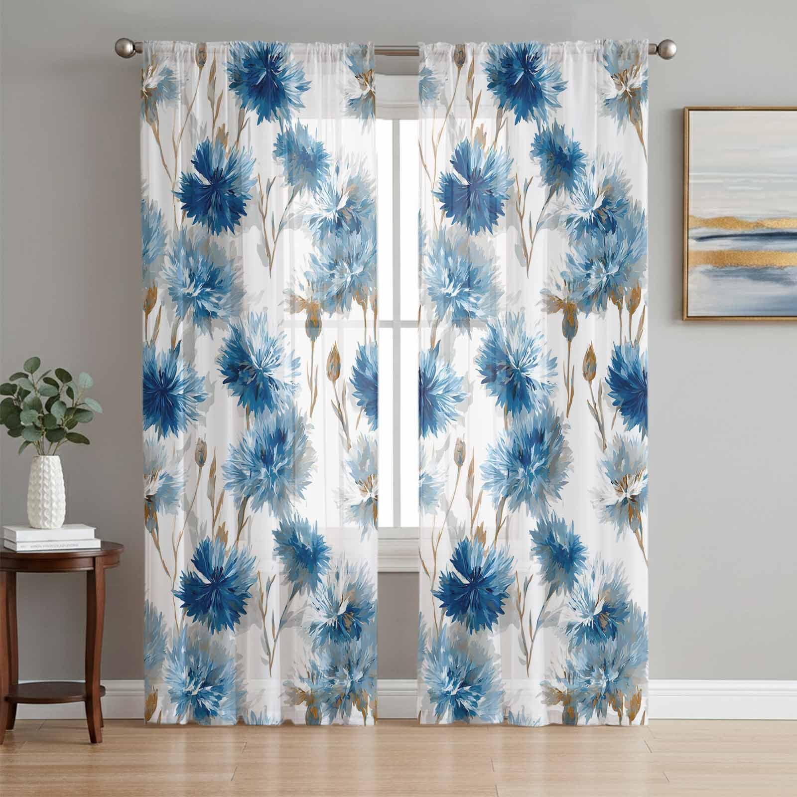 Blue Floral Sheer Curtains for Living Room Bedroom Vintage Cornflower ...