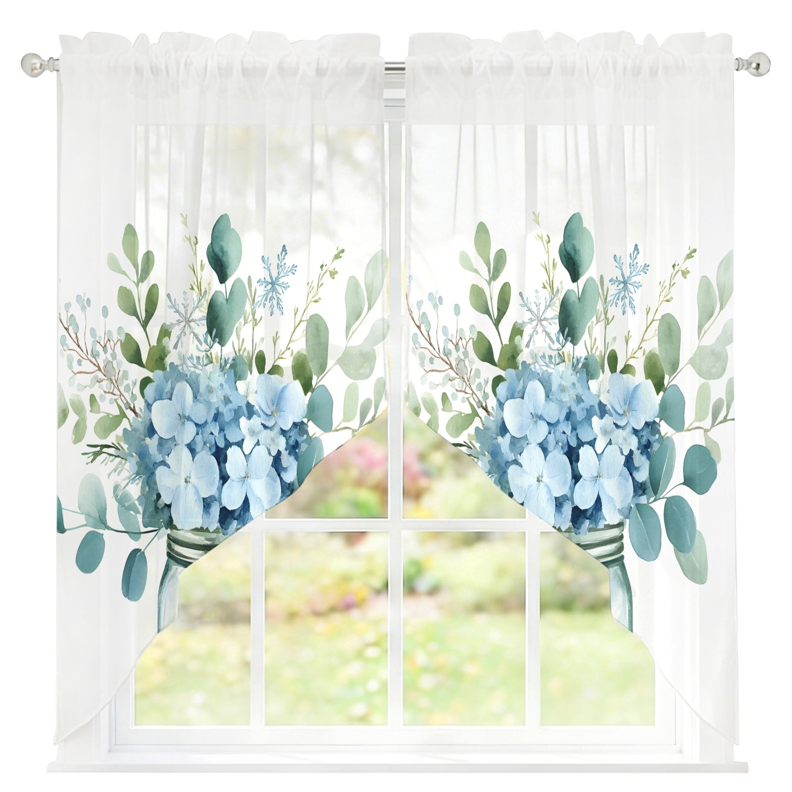 Blue Floral Sheer Curtains Swag Valances for Windows Pastoral ...