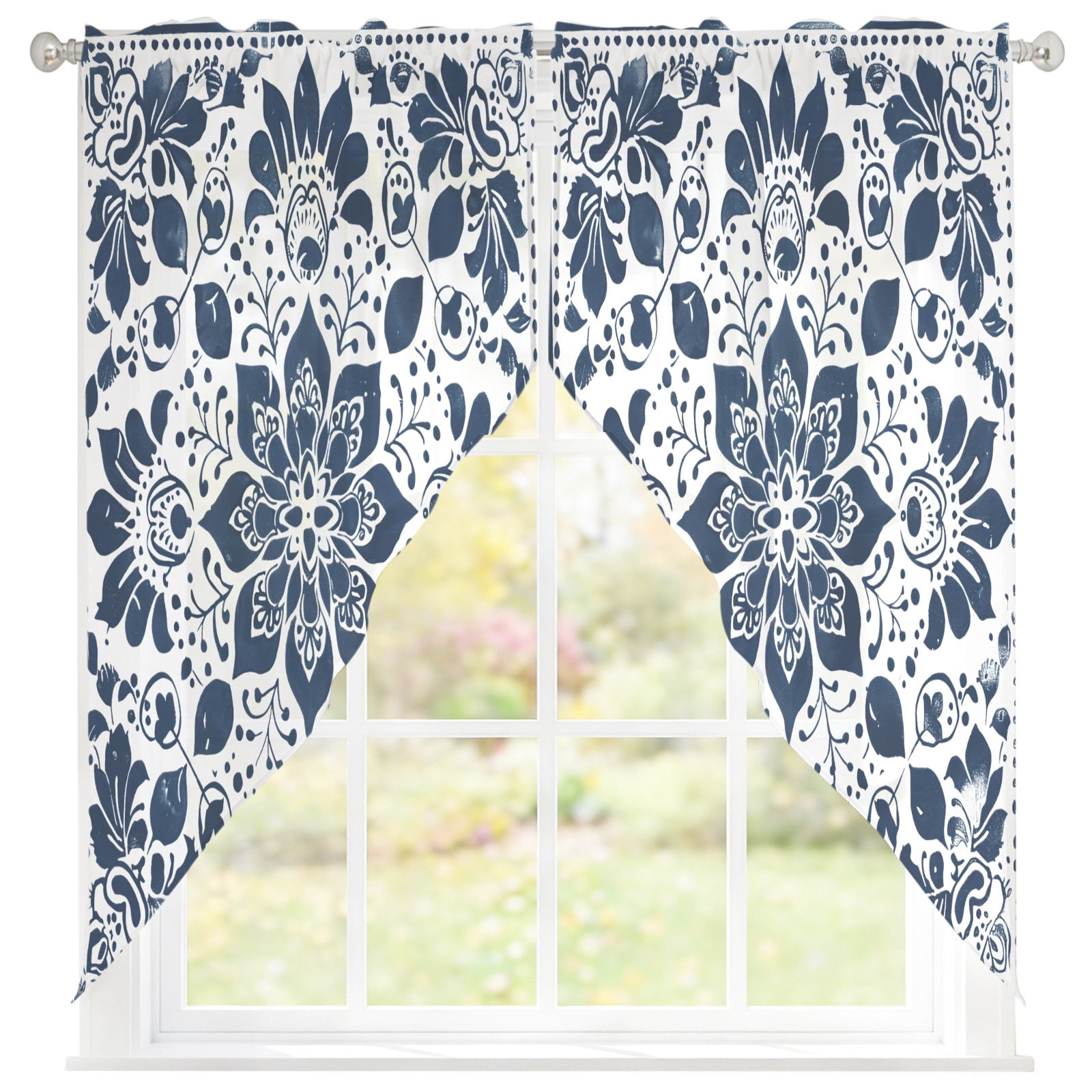 Blue Floral Sheer Curtains Swag Valances for Windows Pattern Leaves ...