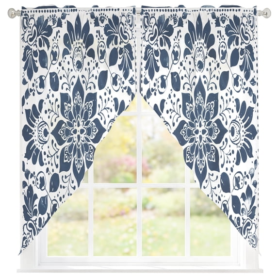 Blue Floral Sheer Curtains Swag Valances for Windows Pattern Leaves ...