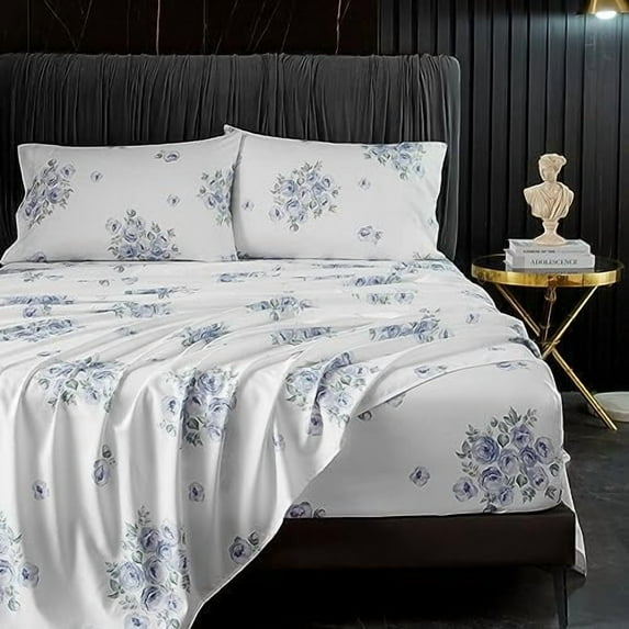 Blue Floral Sheets Queen Size,18 inches Deep Pocket Sheets 1800 Thread ...