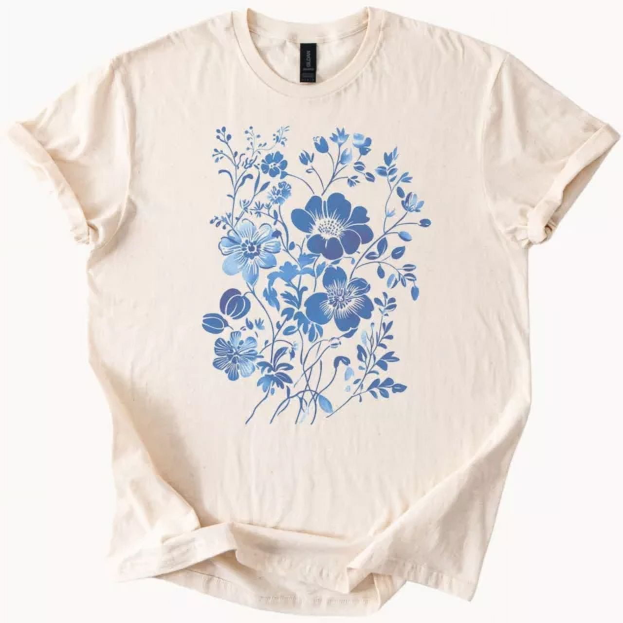Blue Floral Shirt Bouquet Graphic Tee Retro Boho Style Beige Natural ...