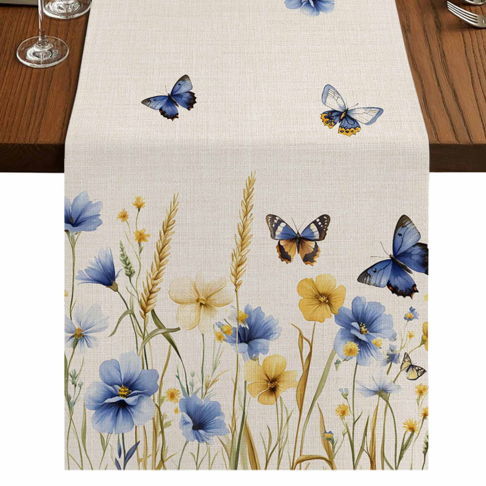 Blue Floral Short Table Runner 48 Inches Long,Yellow Flower Butterflies ...
