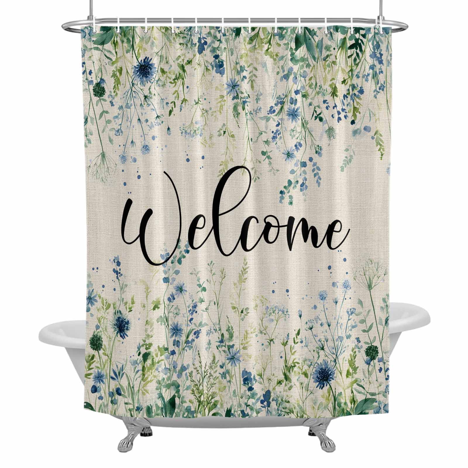 Blue Floral Shower Curtain for Bathroom, Flowers Welcome Leaf Linen ...