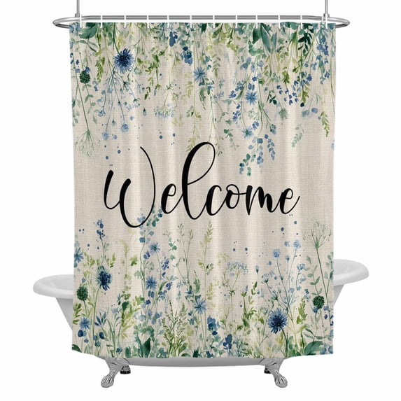 Blue Floral Shower Curtain for Bathroom, Flowers Welcome Leaf Linen ...