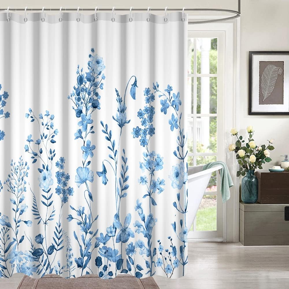 Blue Floral Shower Curtain, Blue and White Shower Curtain for Bathroom Waterproof Fabric Flower ...