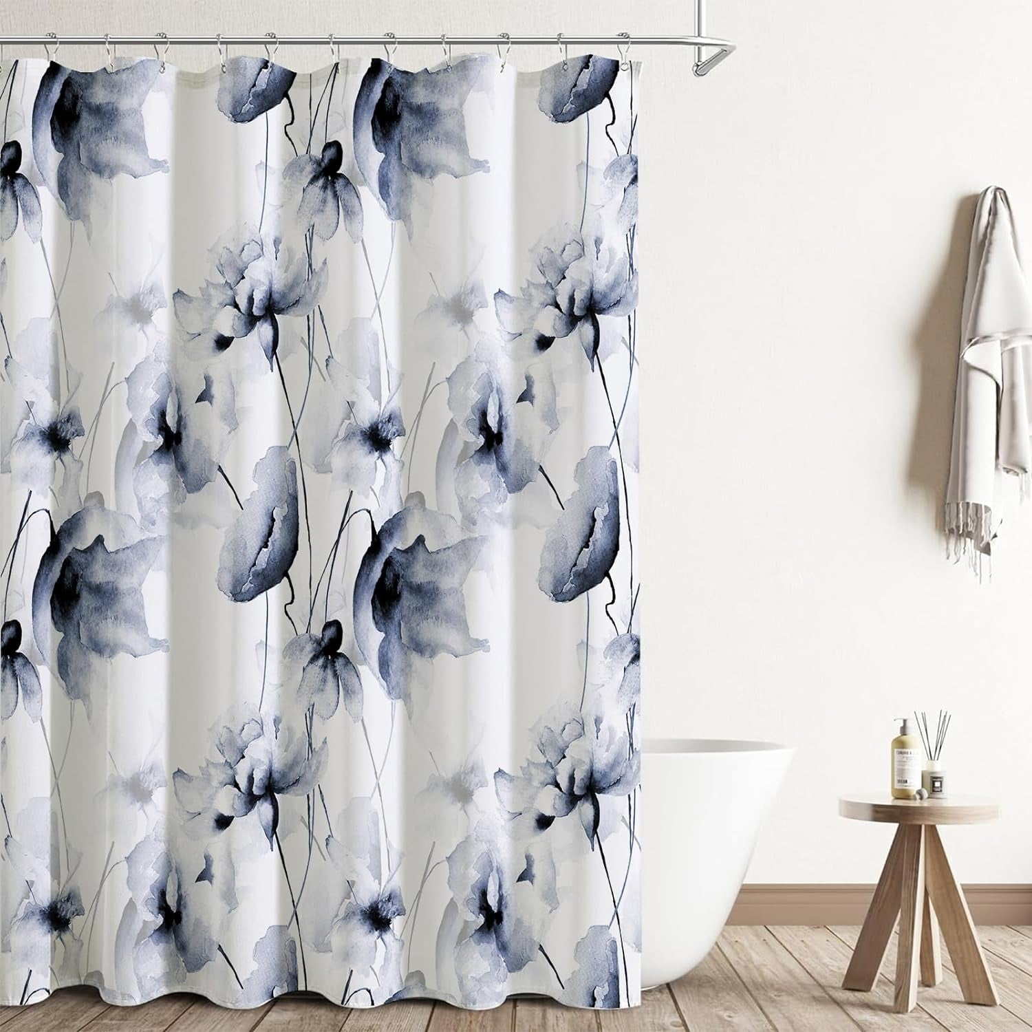 Blue Floral Shower Curtain,Navy and White Fabric Bathroom Shower ...