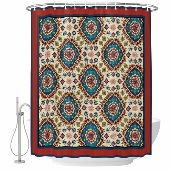 Blue Floral Shower Curtain Set with Hooks, Pattern Vintage Ethnic Style ...