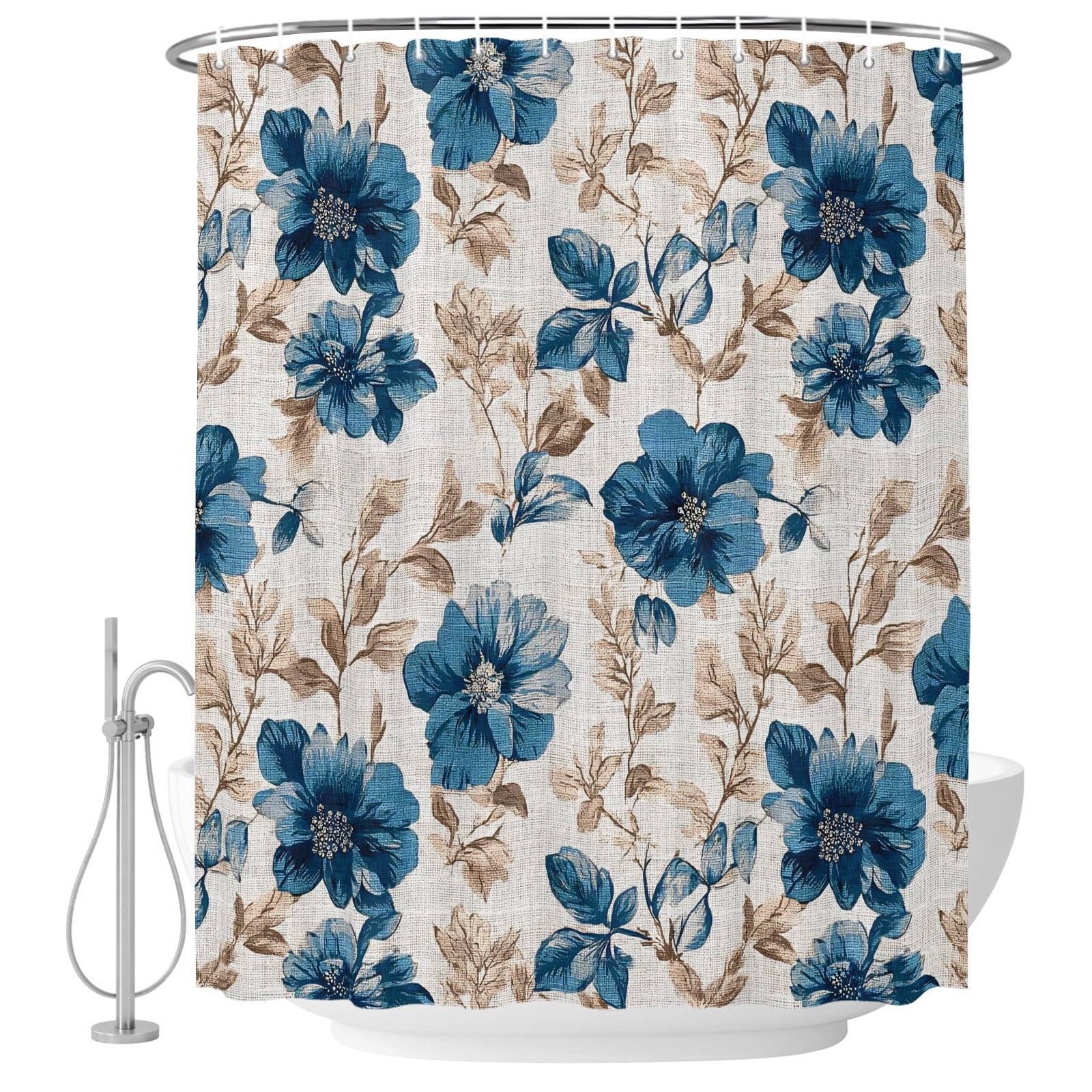 Blue Floral Shower Curtain Set with Hooks, Vintage Flower Botanical ...