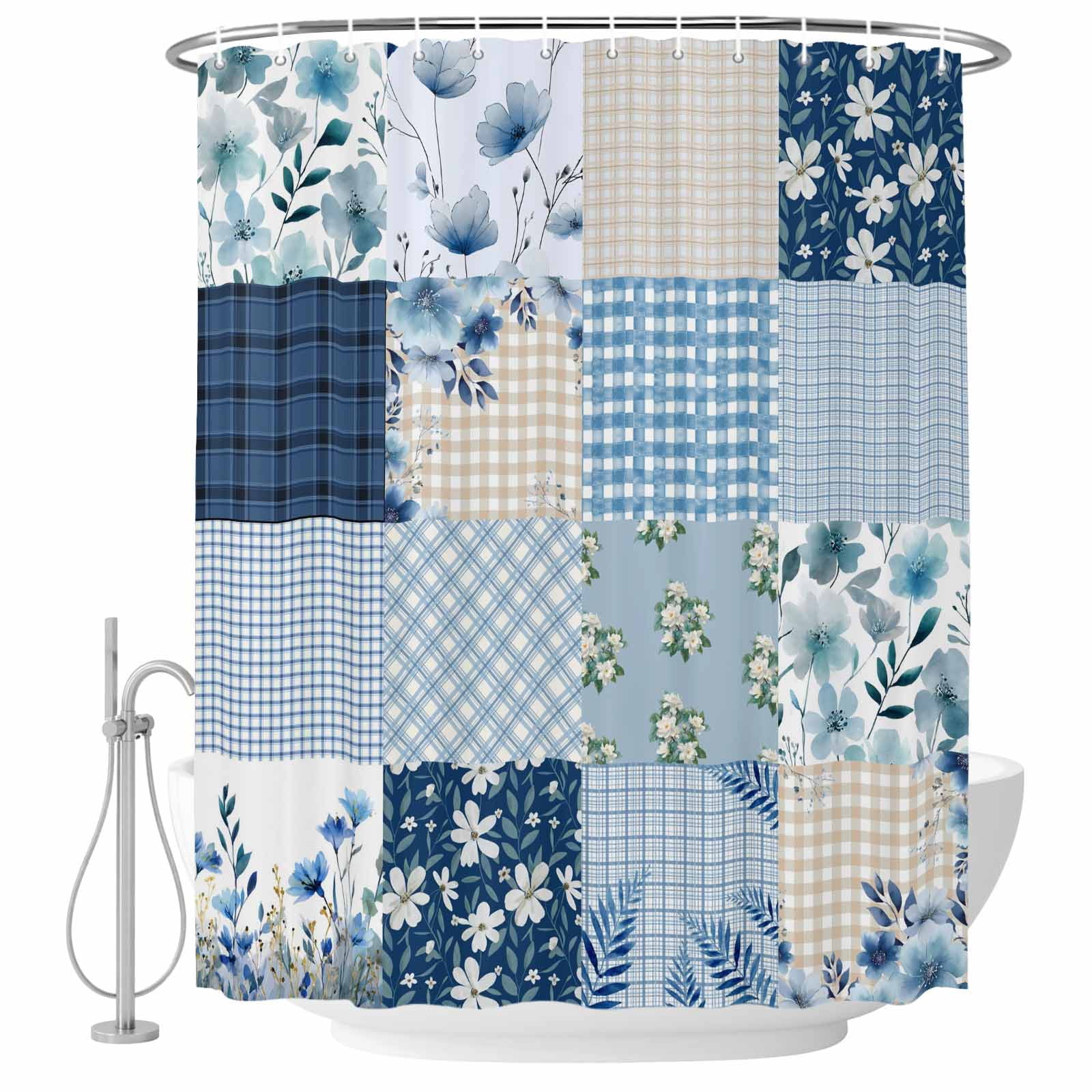 Blue Floral Shower Curtain Set - Standard 72" x 72" Washable Bathtub ...