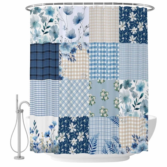 Blue Floral Shower Curtain Set - Standard 72" x 72" Washable Bathtub ...