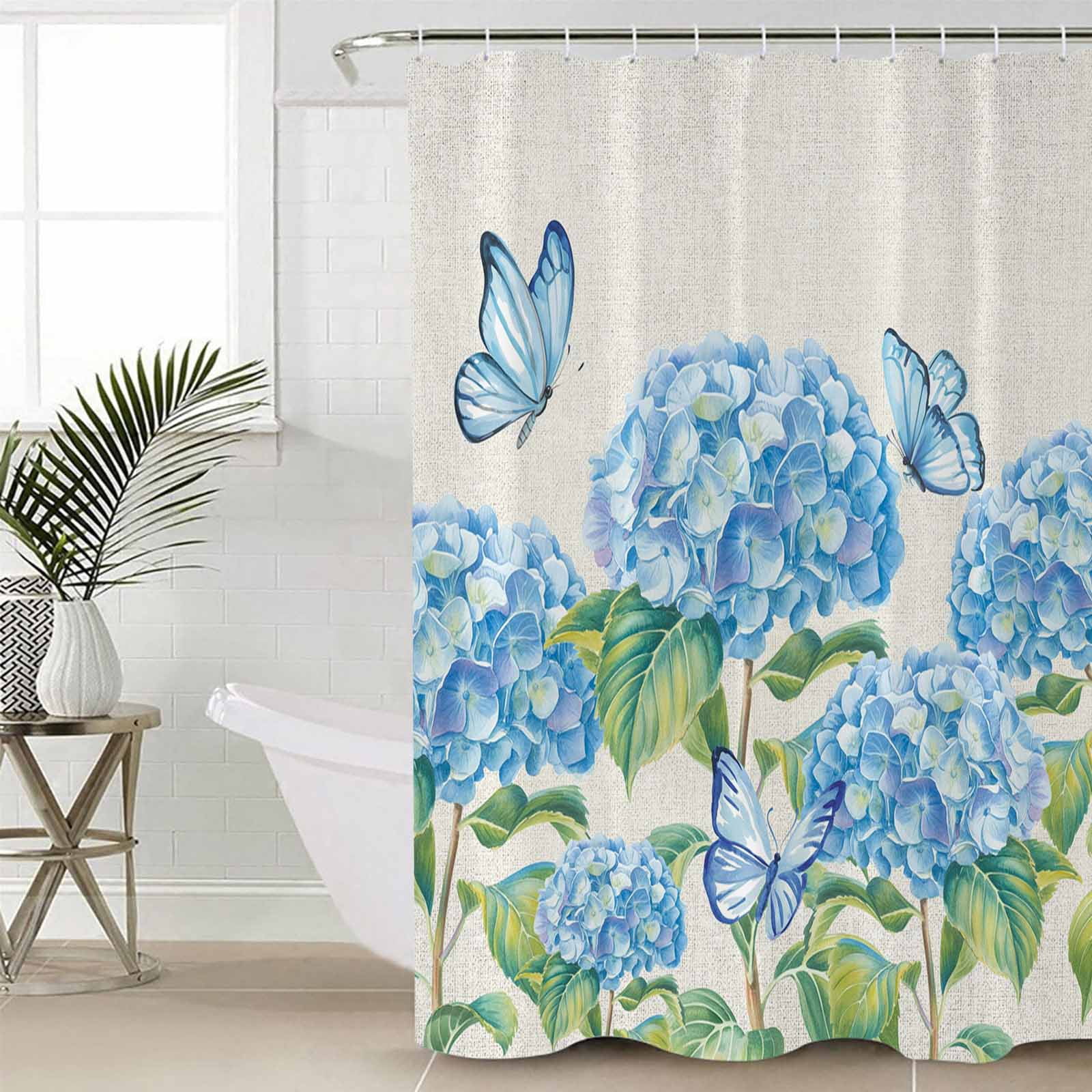 Blue Floral Shower Curtain Set, Waterproof Shower Curtains for Bathroom ...
