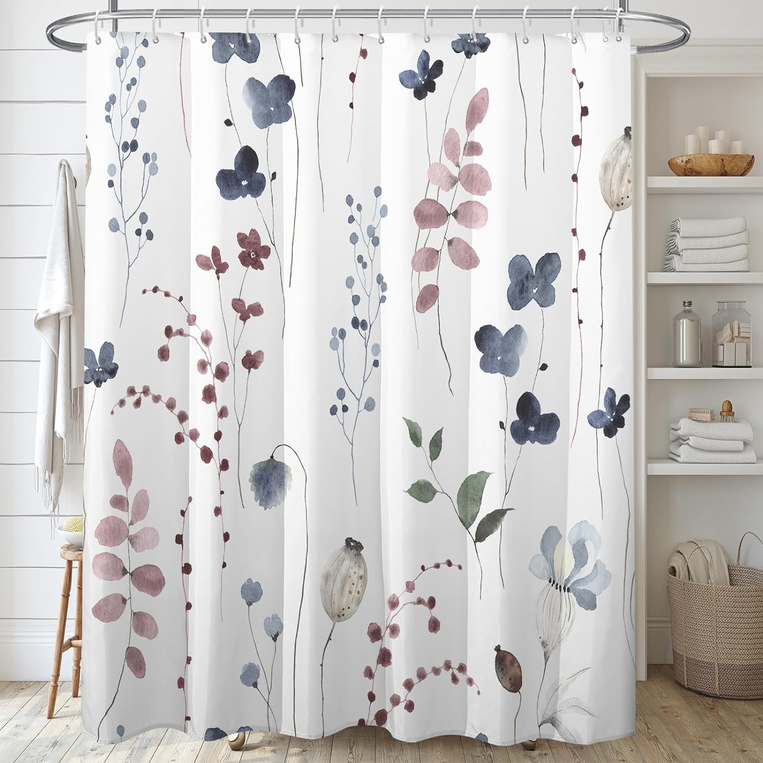 Blue Floral Shower Curtain,Watercolor Blue and Red Cute Flowers Shower ...