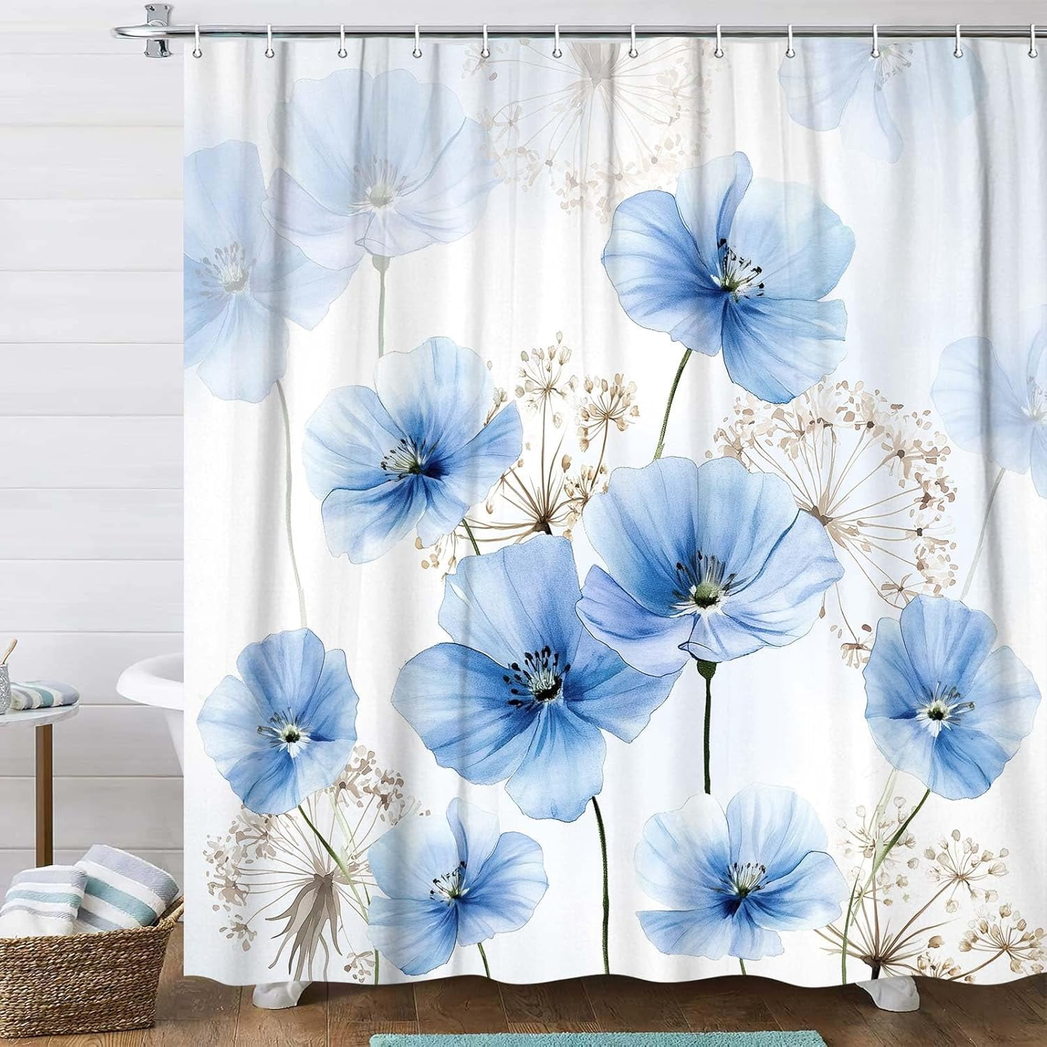 Blue Floral Shower Curtain White Minimalist Watercolor Flowers ...