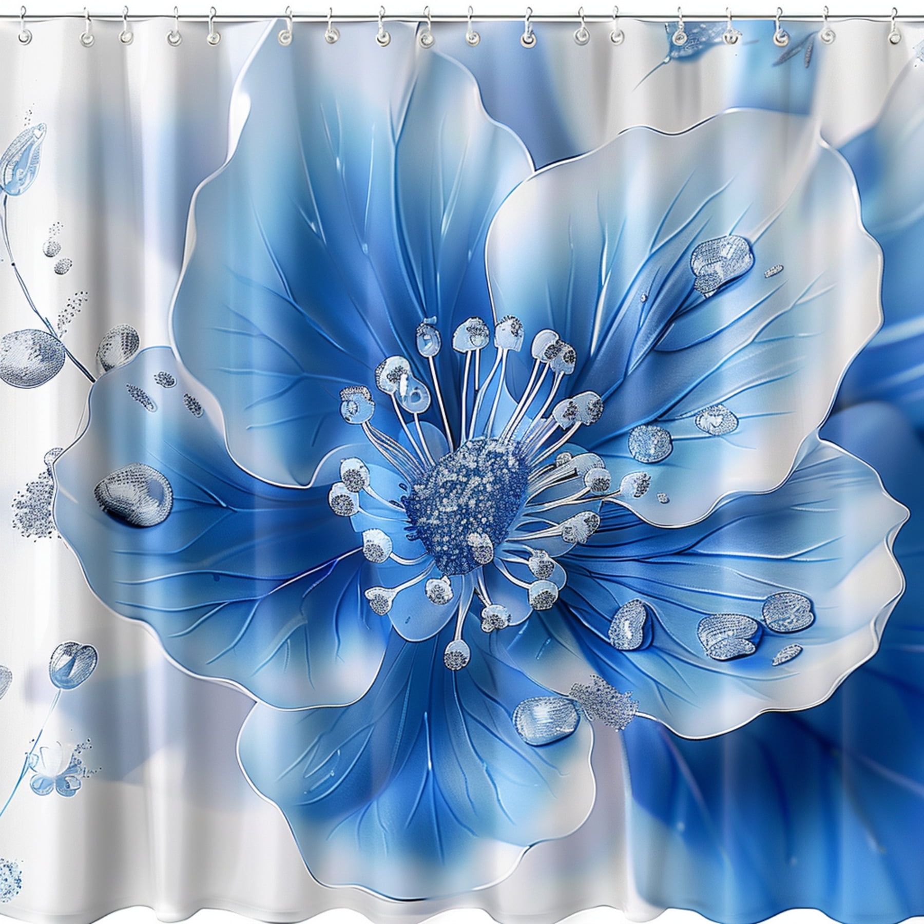 Blue Floral Shower Curtain With Silver Accents Hyperrealistic Photo