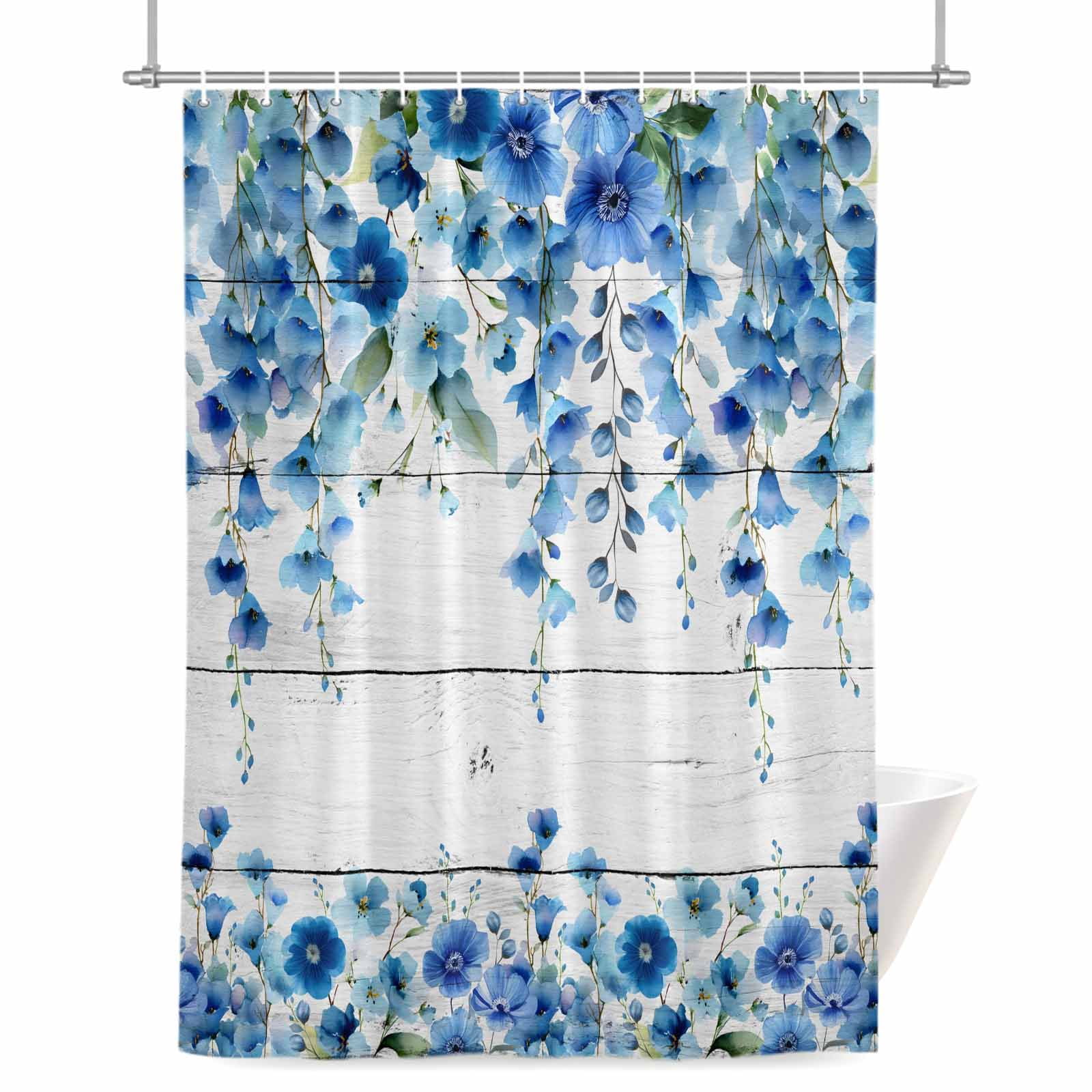 Blue Floral Shower Curtains for Bathroom, Watercolor Spring Gradient ...