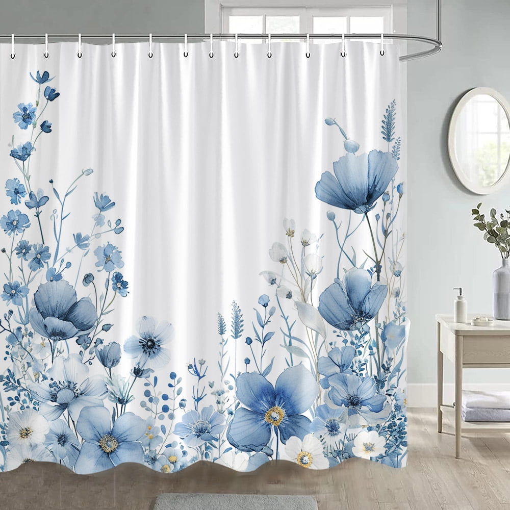 Blue Floral Shower Curtains Watercolour Flower Plant Leaves Bath ...