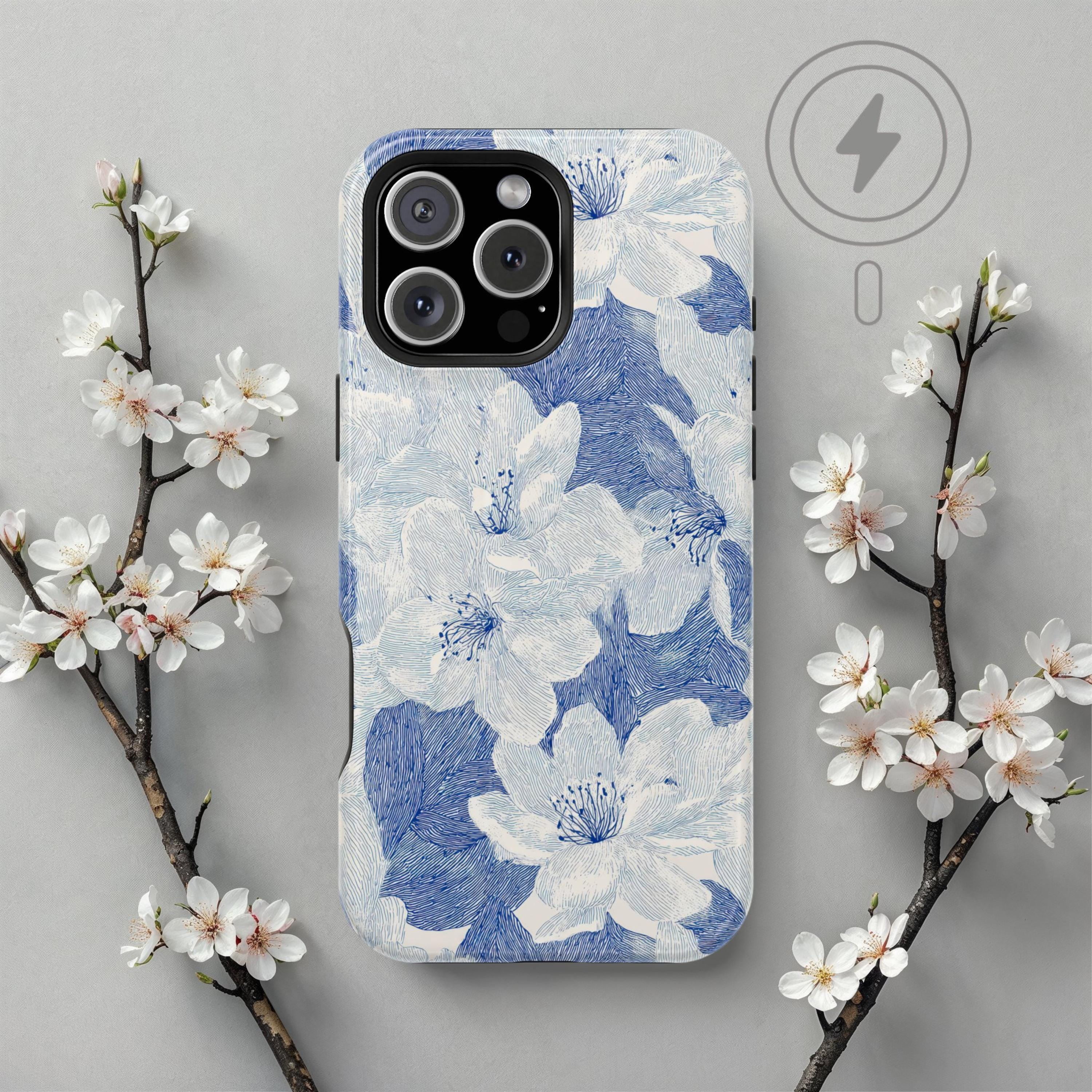 Blue Floral Sketch Phone Case Minimal Blossom Theme for iPhone 17 ...