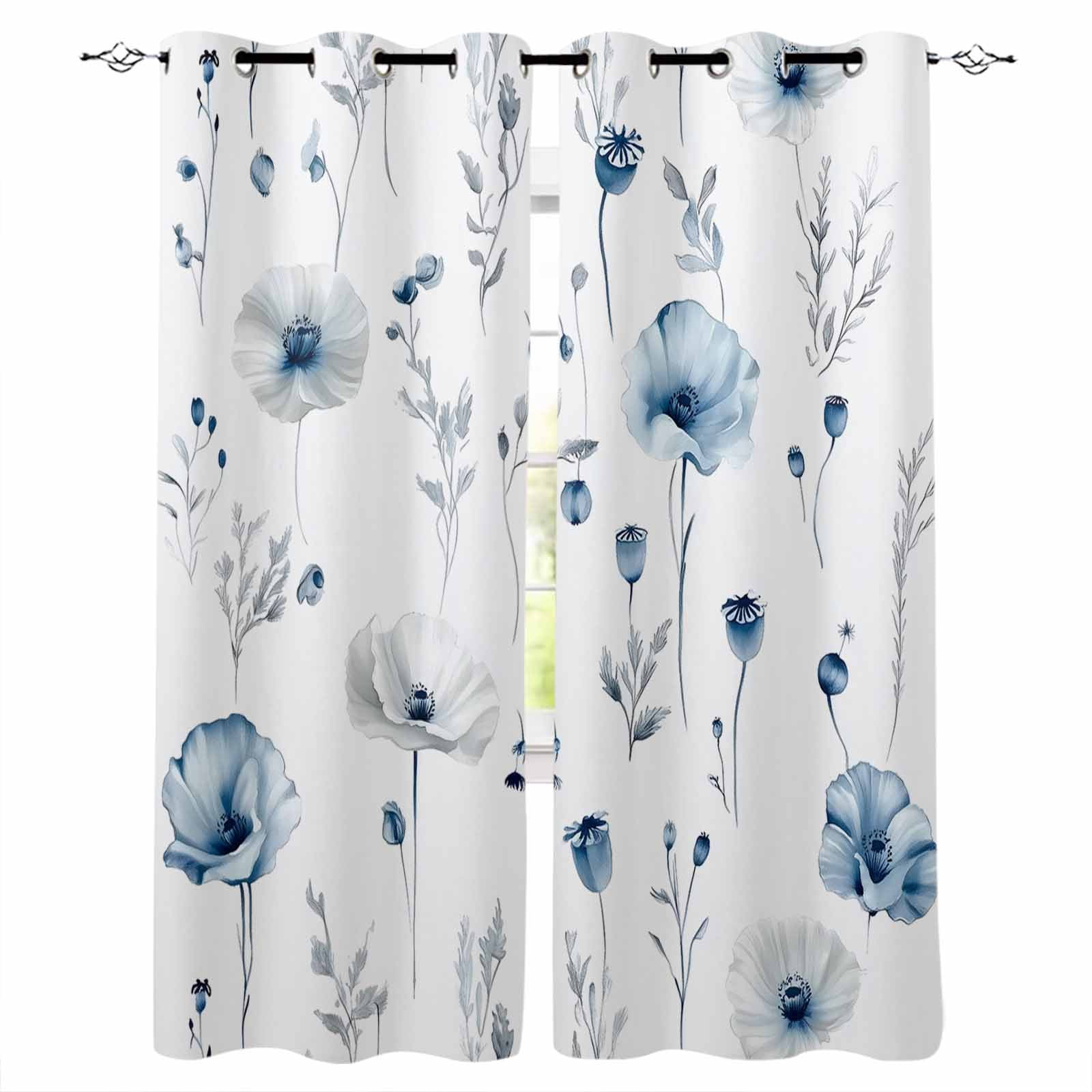 Blue Floral Spring Blackout Curtains 45 Inches Long, Farmhouse Poppy ...