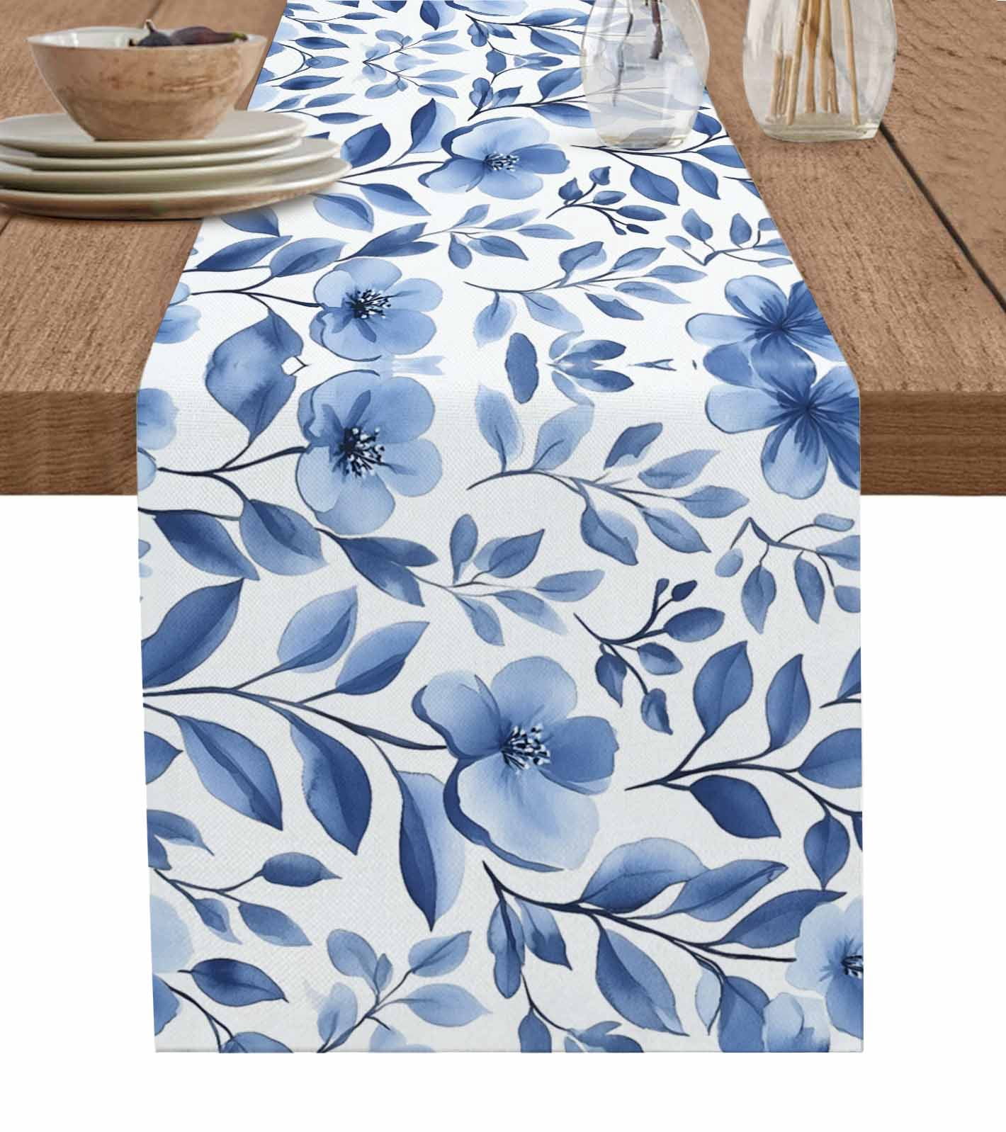 Blue Floral Spring Burlap Cotton Table Runner 13x108 Inches Long ...