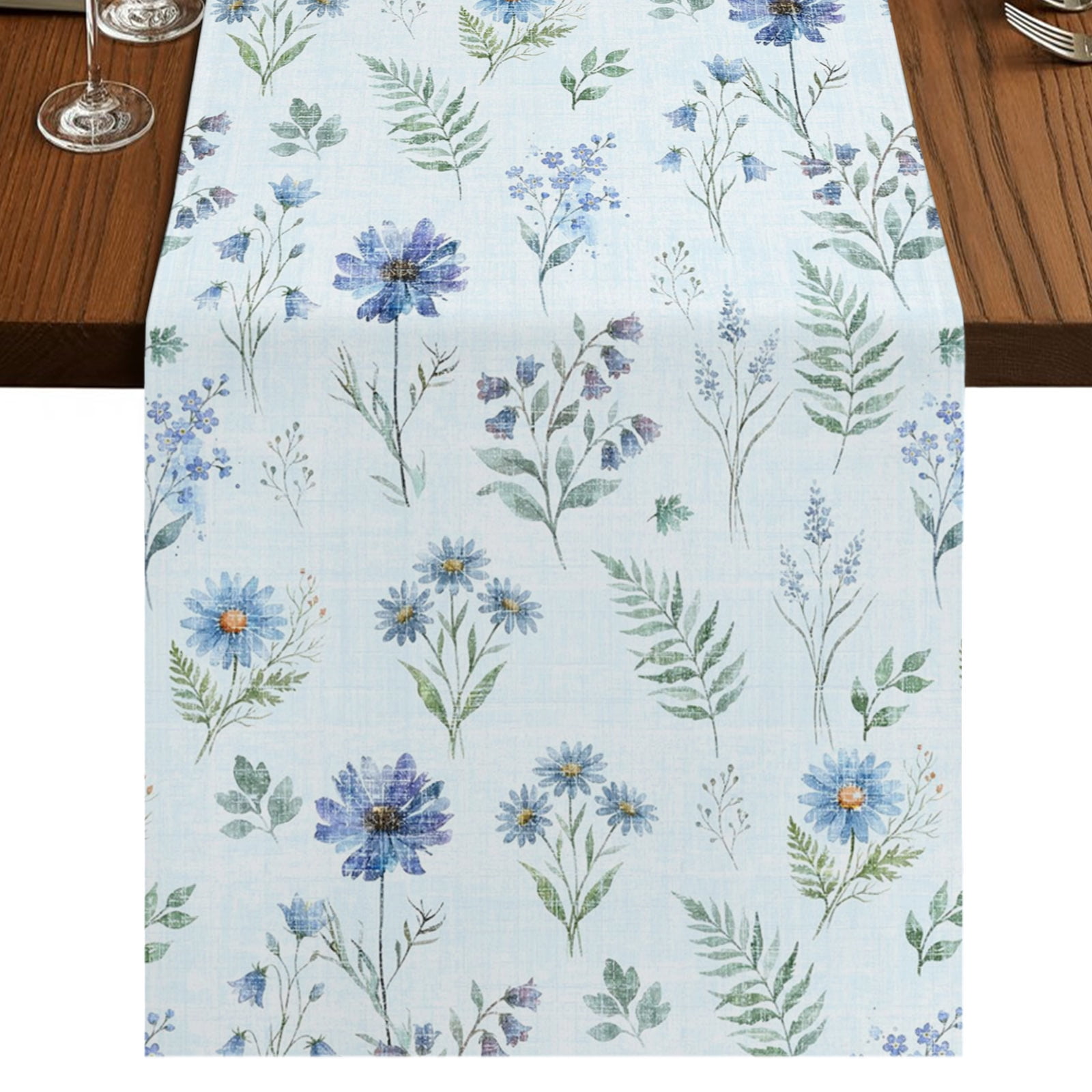 Blue Floral Spring Burlap Cotton Table Runner 13x36 Inches Short, Blue ...