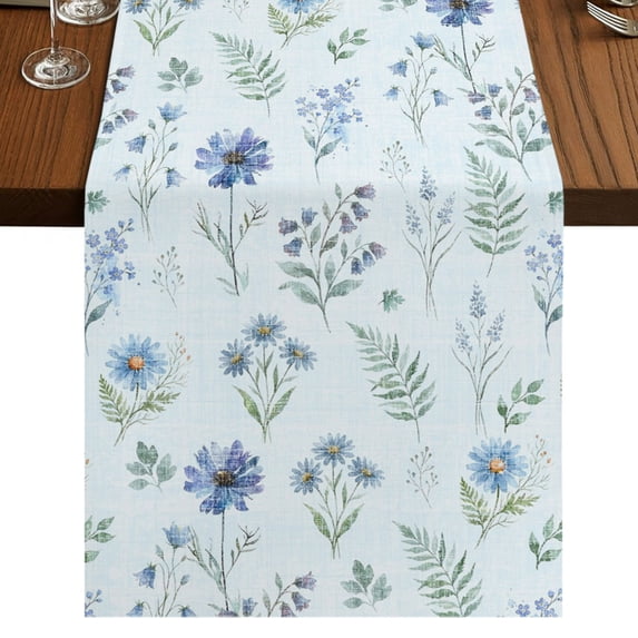 Blue Floral Spring Burlap Cotton Table Runner 13x36 Inches Short, Blue ...