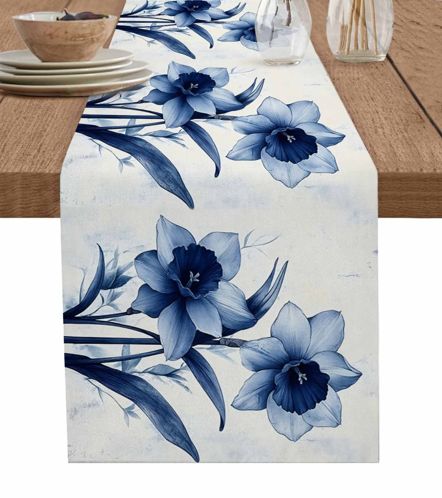 Blue Floral Spring Burlap Cotton Table Runner 16x72 Inches Long ...