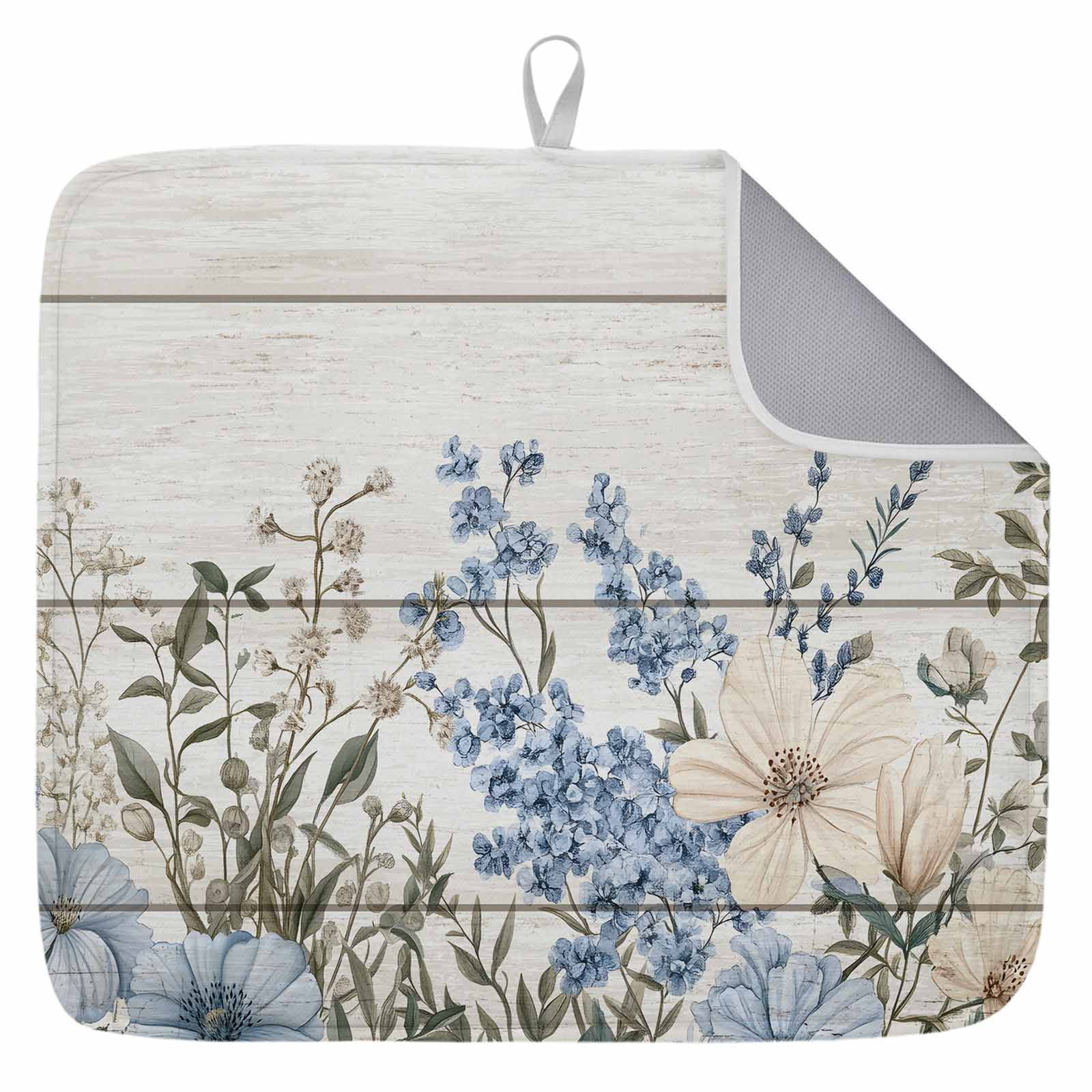 Blue Floral Spring Dish Drying Mat for Kitchen Counter,Summer Botanical ...