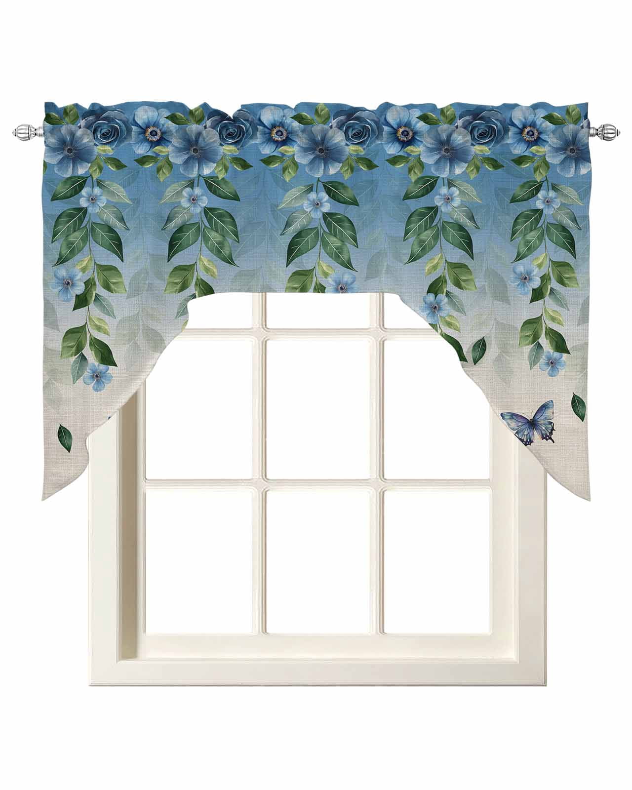 Blue Floral Spring Kitchen Swag Valances for Windows, Summer Farmhouse ...