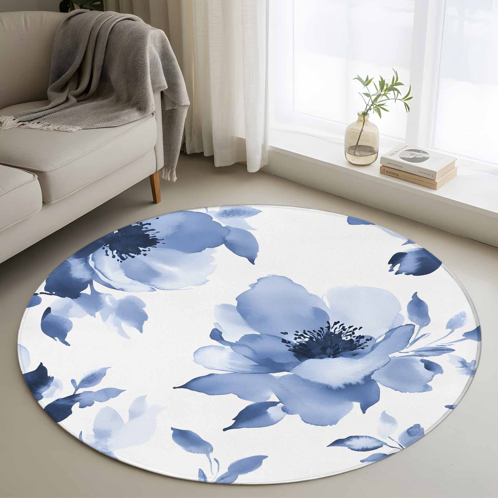 Blue Floral Spring Round Area Rug 3 FT, Small Kitchen Bathroom Mats ...
