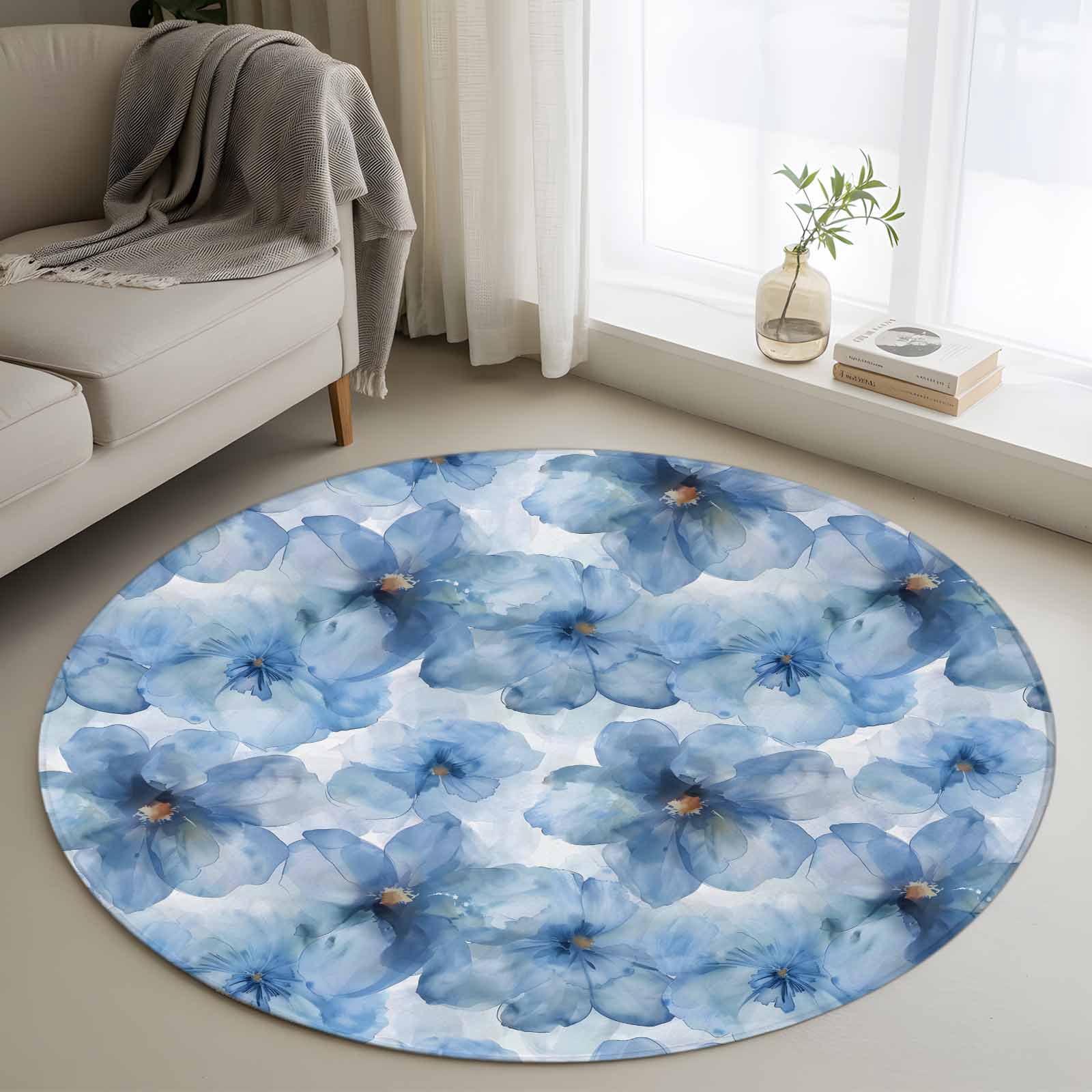 Blue Floral Spring Round Area Rug 3 FT, Small Kitchen Bathroom Mats ...