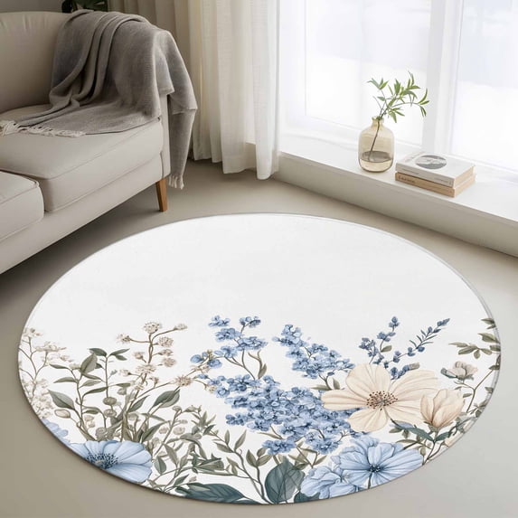Blue Floral Spring Round Area Rug 4 FT, Non Slip Indoor Outdoor Rug ...