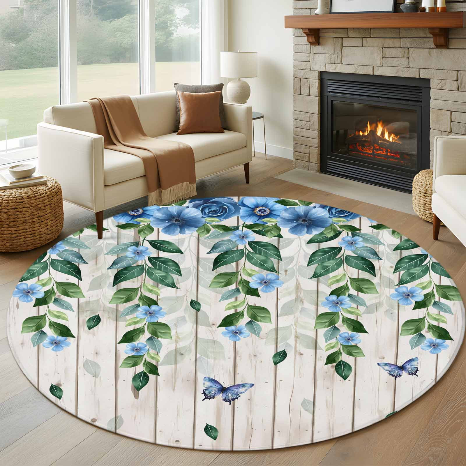 Blue Floral Spring Round Rug 5ft Washable Circle Kitchen Rugs Non Slip ...