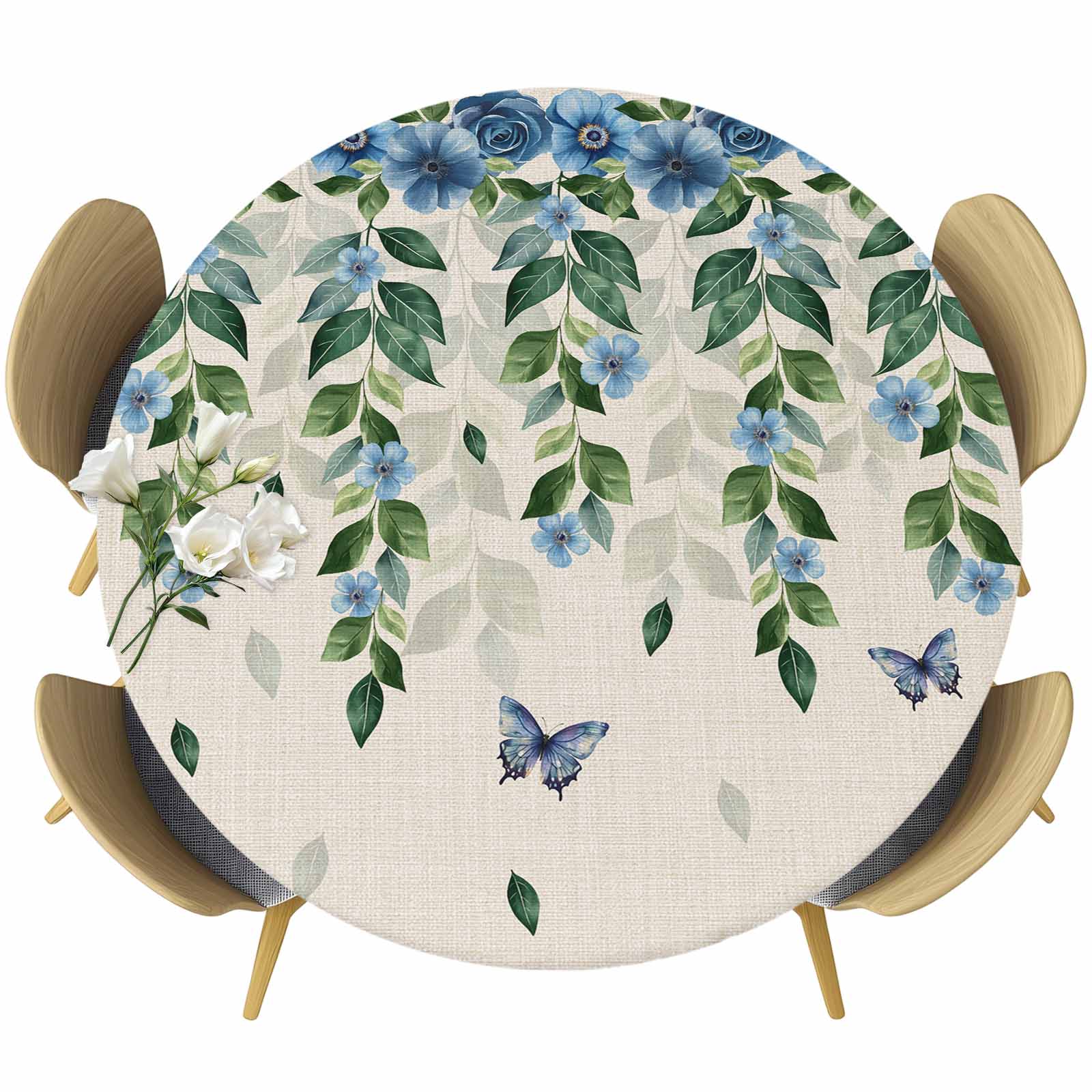 Blue Floral Spring Round Tablecloth 36-44 Inch Round Fitted Table Cloth ...