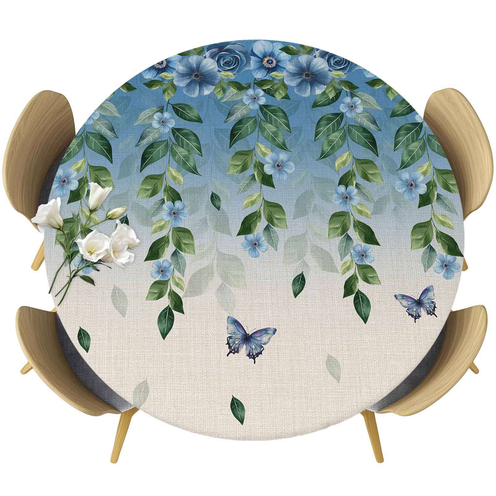 Blue Floral Spring Round Tablecloth 45-54 Inch Round Fitted Table Cloth ...