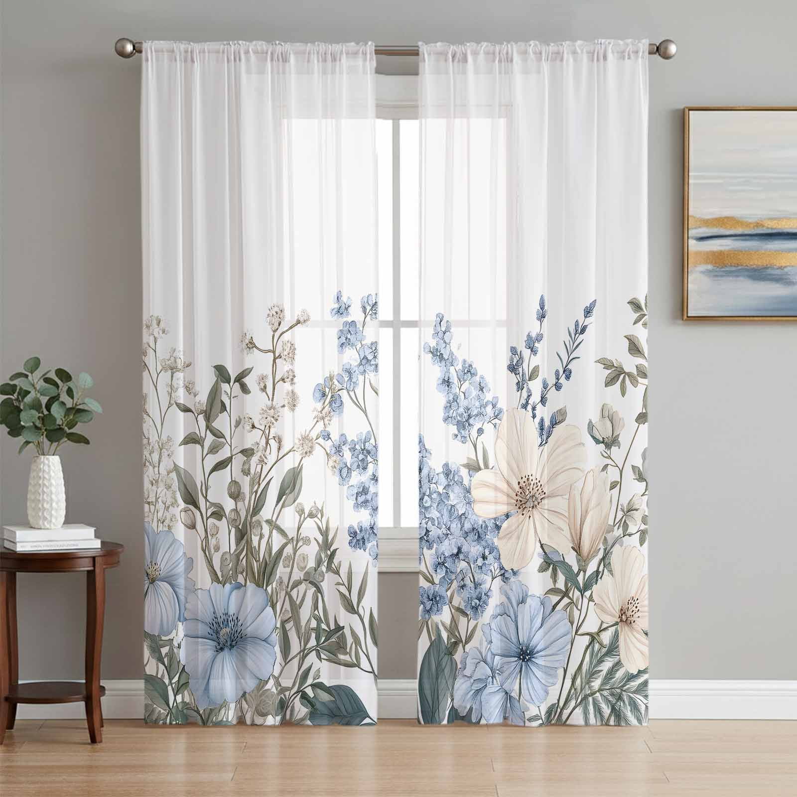 Blue Floral Spring Semi Sheer Curtains 108 Inch Length 2 Panels Set ...