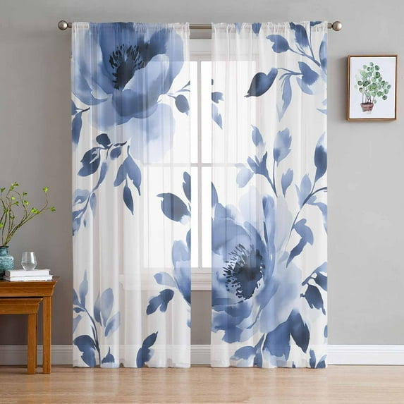 Blue Floral Spring Sheer Curtains 108 Inch Length 2 Panels Set for ...