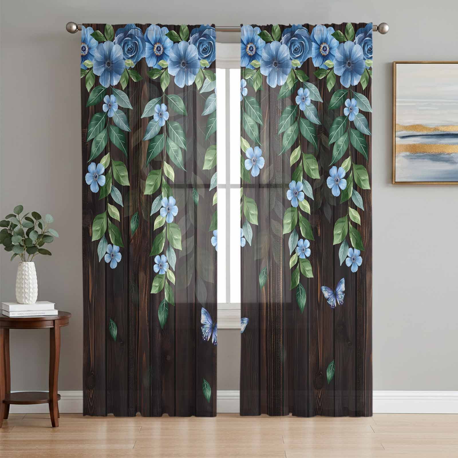 Blue Floral Spring Sheer Curtains 84 Inch Length 2 Panels Set, Summer ...