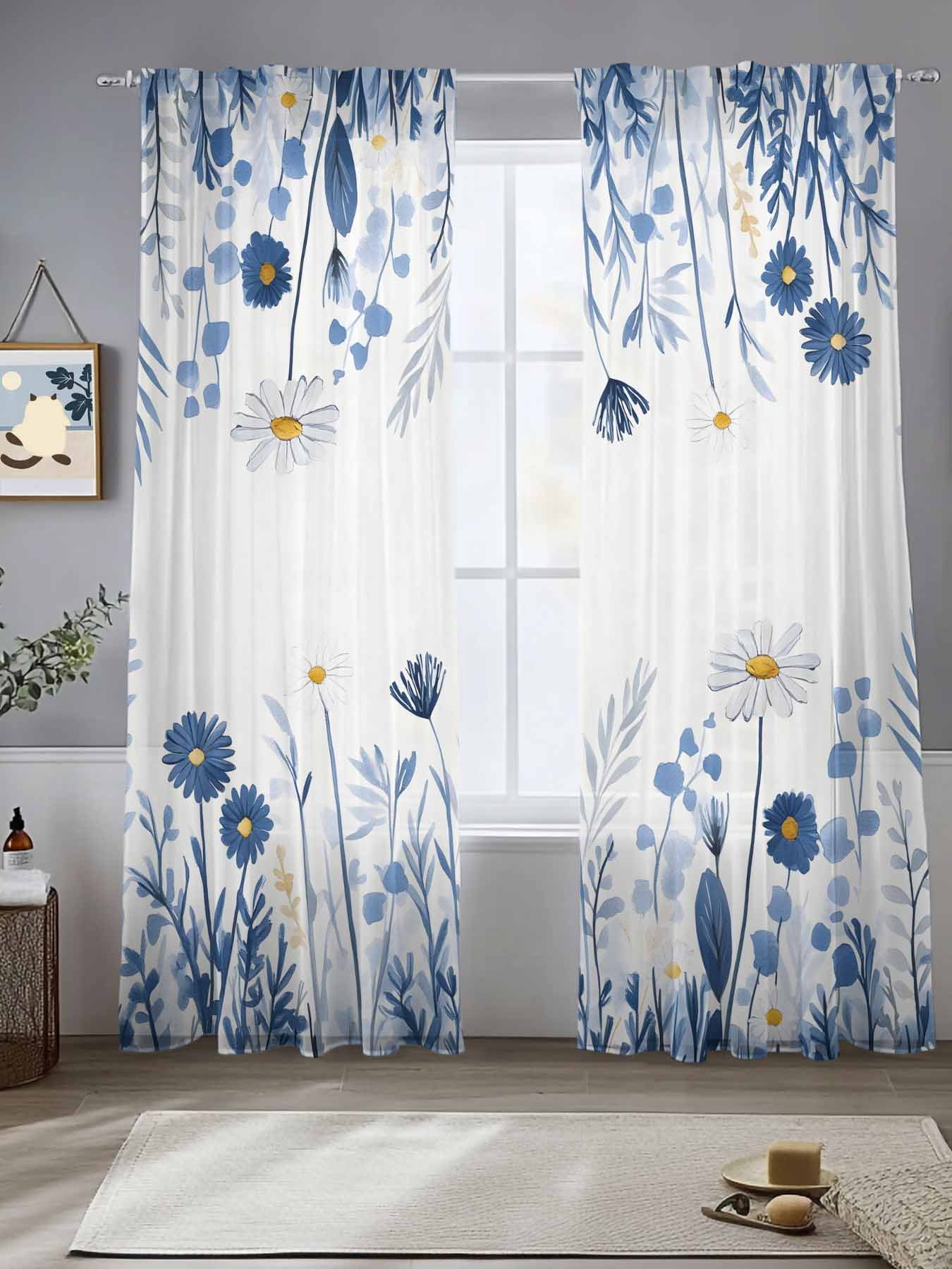 Blue Floral Spring Sheer Curtains for Living Room Bedroom Summer Botanical Pastoral Sheer ...