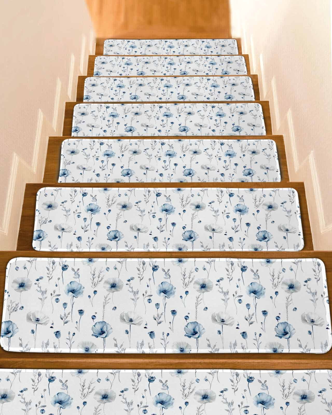 Blue Floral Spring Stair Treads for Wooden Steps Indoor Runner Rug ...