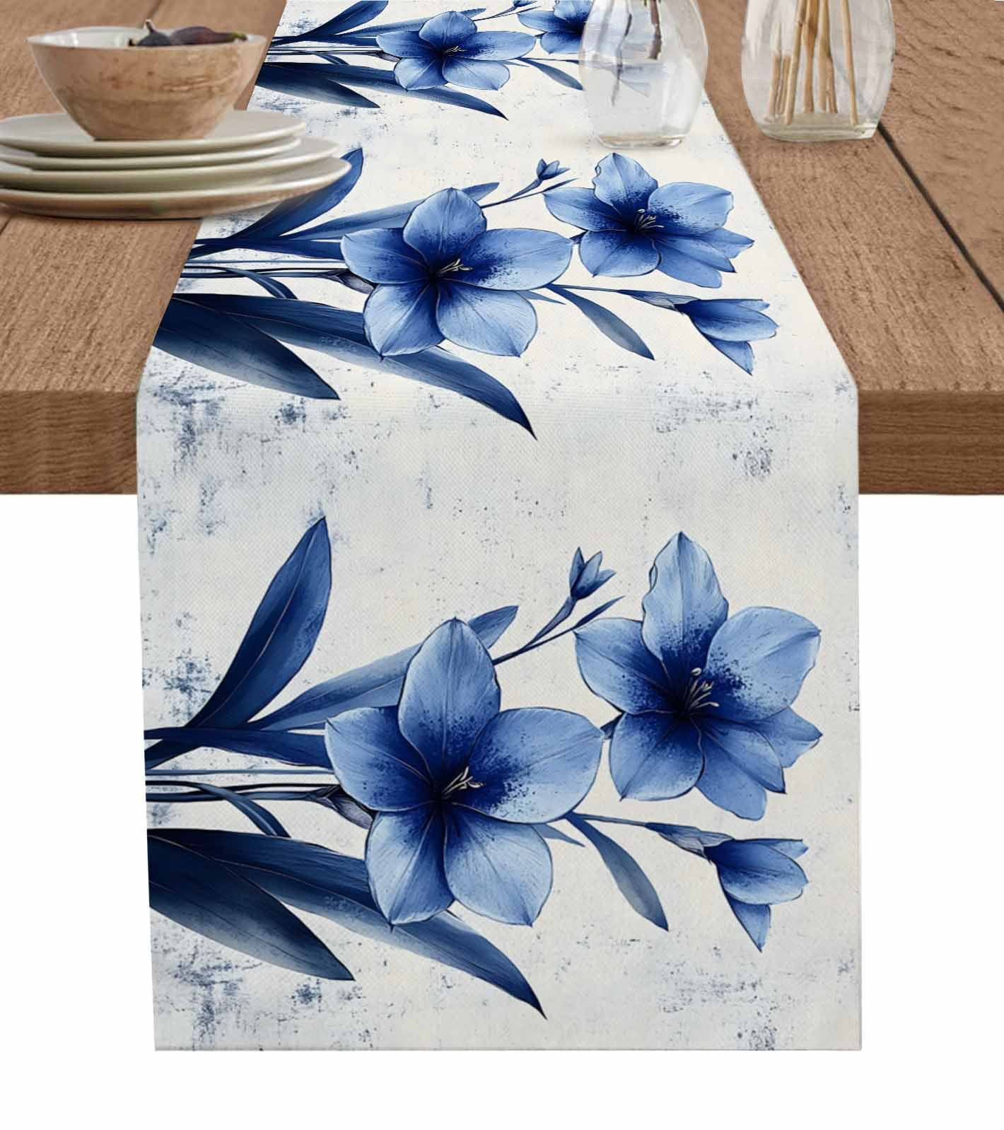 Blue Floral Spring Table Runner 72 Inches, Vintage Verdant Flower ...