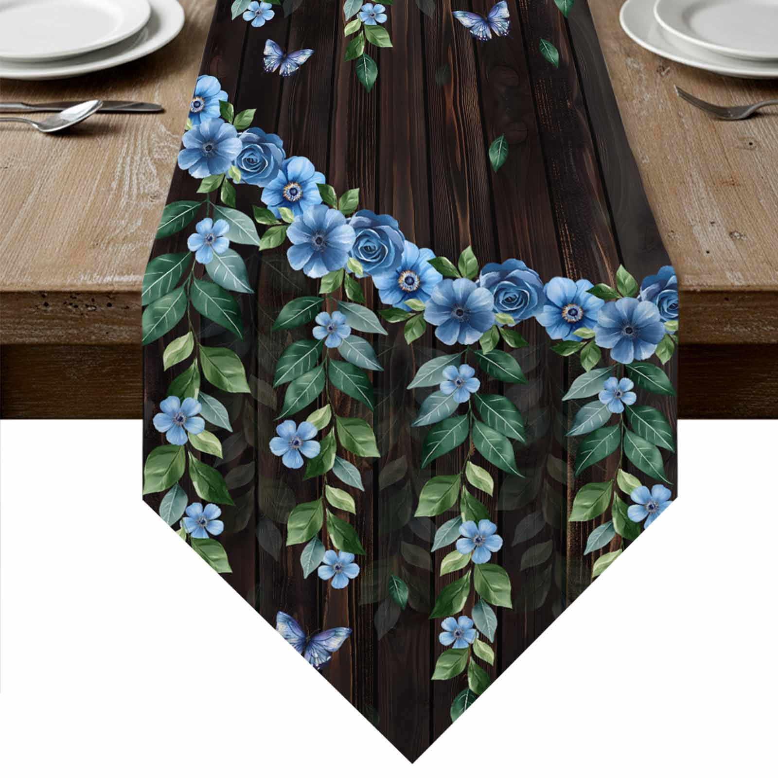 Blue Floral Spring Table Runner Linen Burlap Table Runner 108 Inches ...