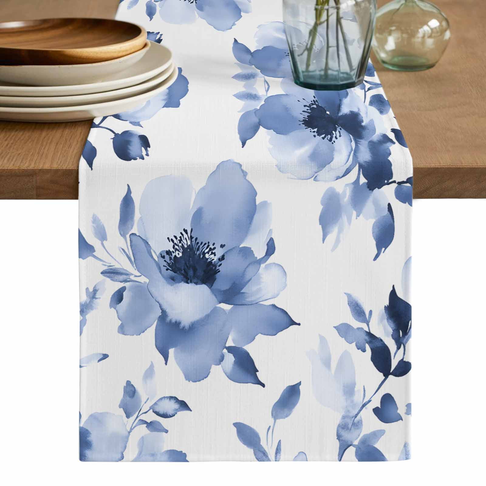 Blue Floral Spring Table Runner, Retro Watercolor Botanical Summer ...