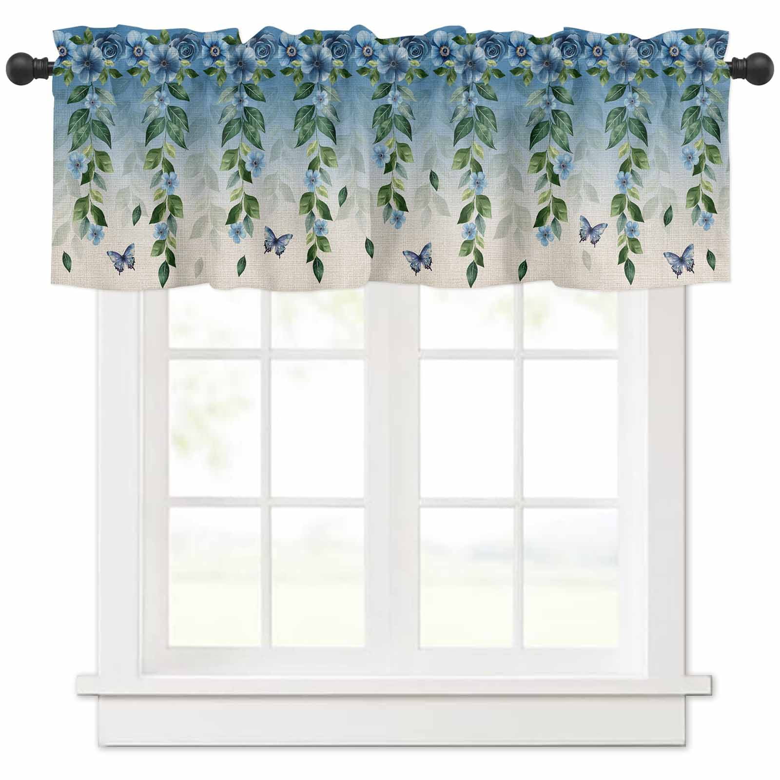 Blue Floral Spring Valances for Windows Farmhouse Kitchen Curtains ...