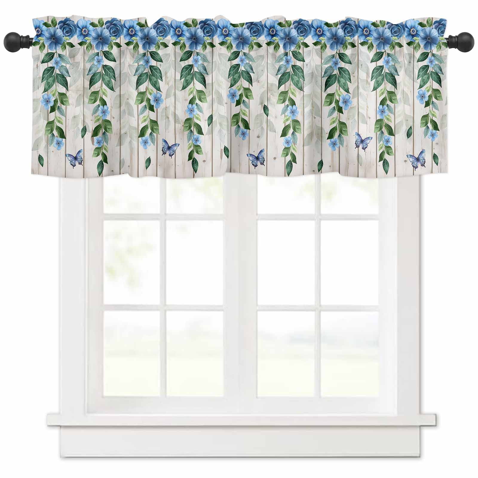 Blue Floral Spring Valances for Windows Farmhouse Kitchen Curtains ...