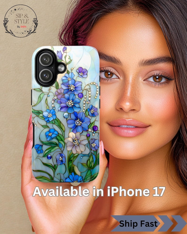 Blue Floral Stained Glass Print iPhone Samsung Tough Phone Case ...