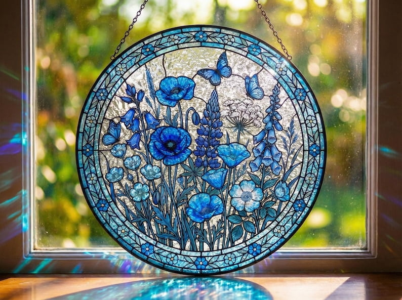 Blue Floral Stained Glass Suncatcher, Custom Round Glass Window Art ...
